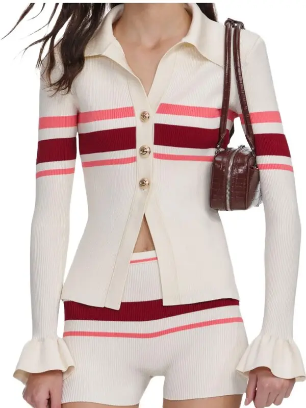 SELF-PORTRAIT Long Sleeve Button-down Knit Sweater With Gold Button Details - White