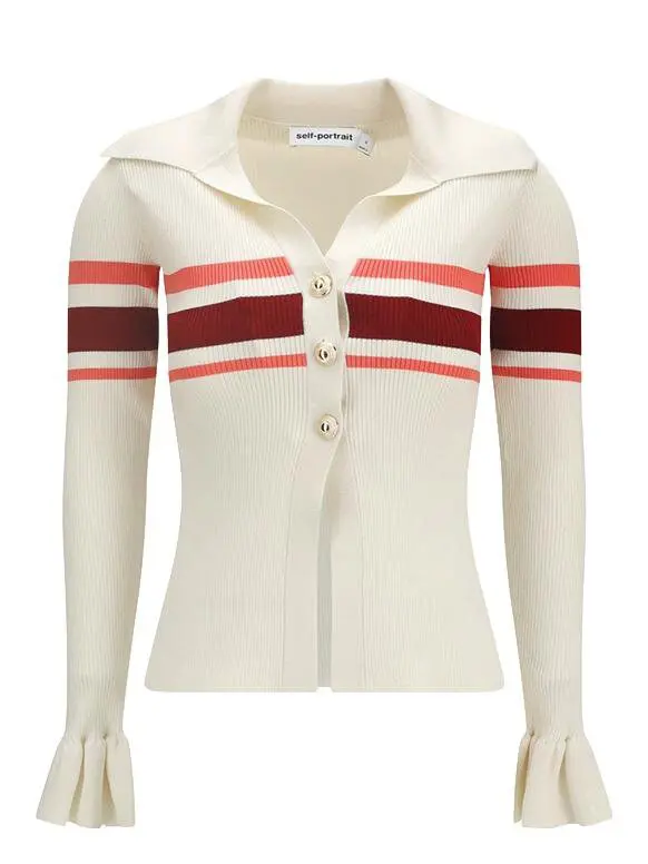 SELF-PORTRAIT Striped Ribbed Cardigan With Ruffled Cuffs - White