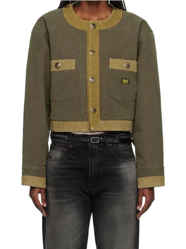 R13 Cropped Canvas Jacket With Corduroy Patchwork - Dark Olive Green