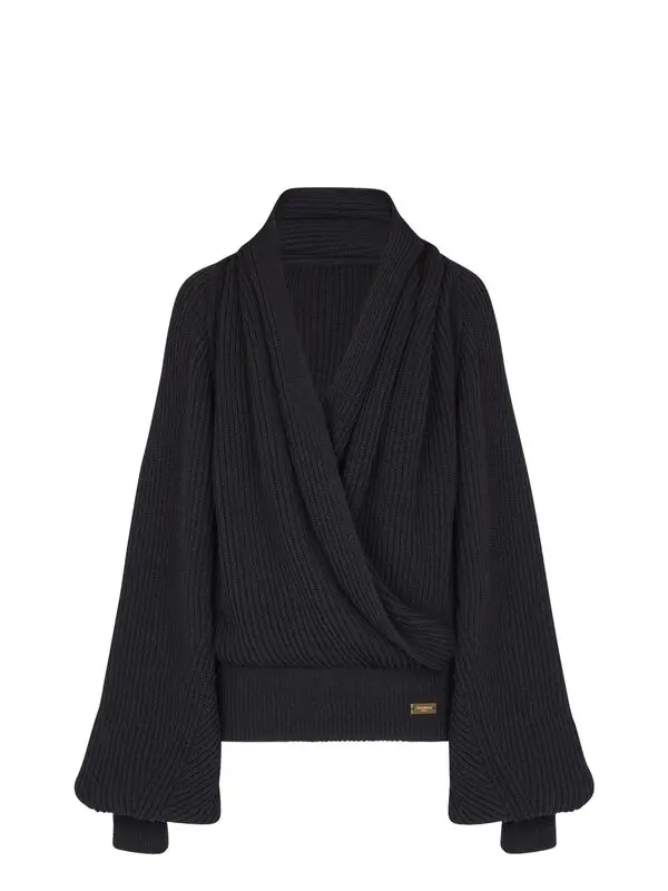 Balmain Oversized Knit Hoodie With Shawl Collar - Black