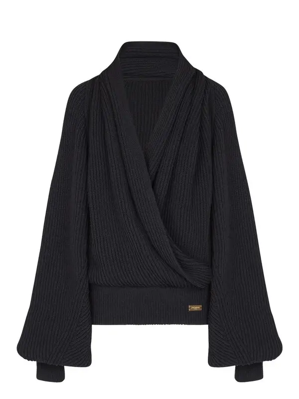 Balmain Oversized Knit Hoodie With Shawl Collar - Black