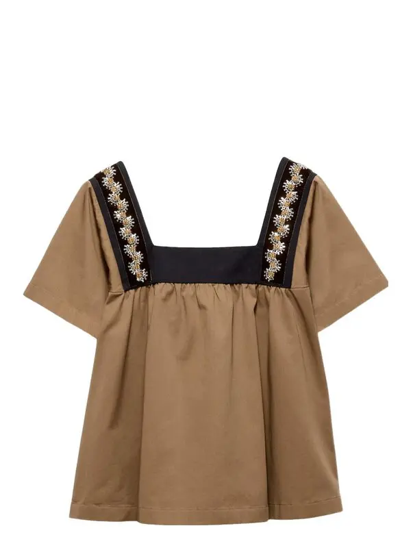 Prada Embroidered Old Gabardine Top - Cork Beige