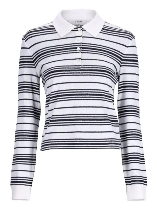 FRAME Long-sleeved Striped Polo Shirt - Cream Multi