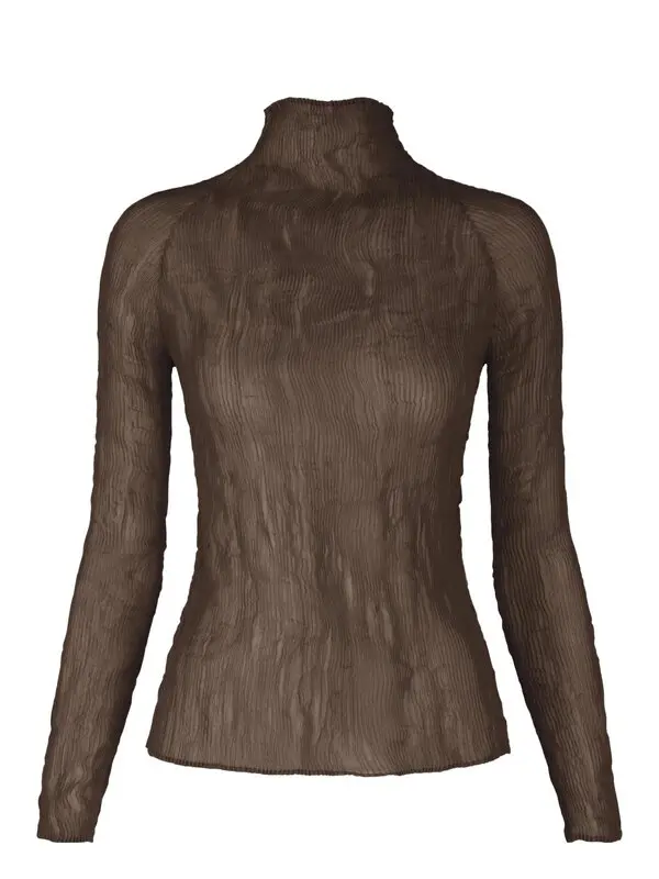 Issey Miyake High-neck Pleated Long-sleeve Top - Dark Brown