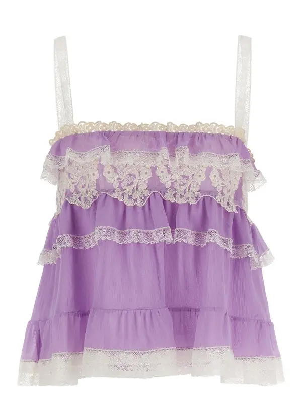 Alberta Ferretti Ruffled Lace Trimmed Square Neck Camisole - Purple