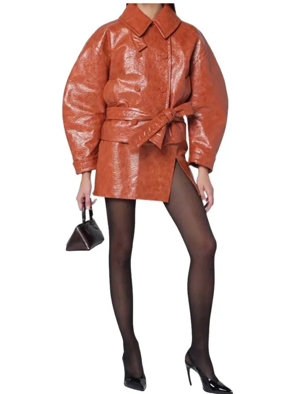 Andamane Faux Leather Belted Jacket - Brown