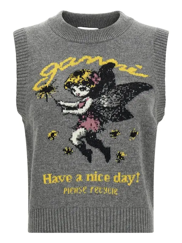 GANNI Sleeveless Graphic Appliqué Knit Top - Grey