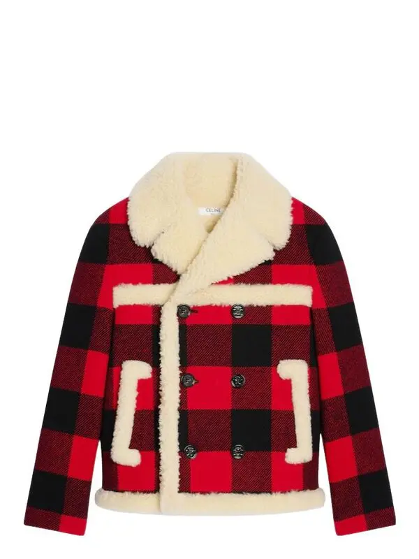 Celine Peacoat In Checked Wool - Red