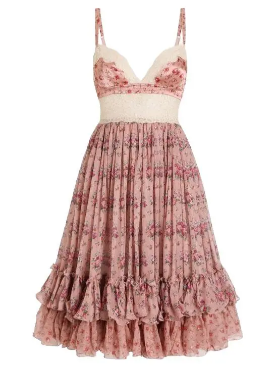 Dolce & Gabbana Floral Lace Trim Midi Dress - Pink