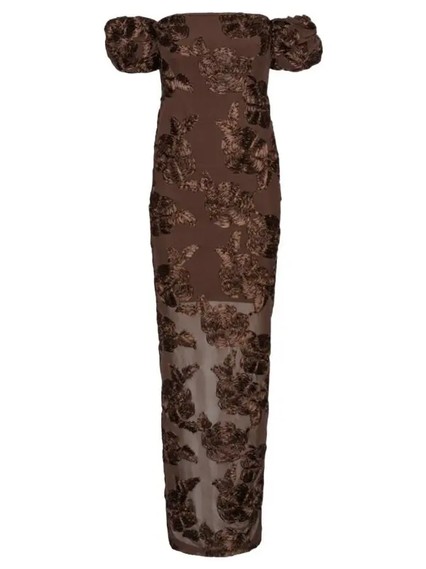 ROTATE BY BIRGER CHRISTENSEN Off-the-shoulder Floral Embroidery Maxi Dress - Brown