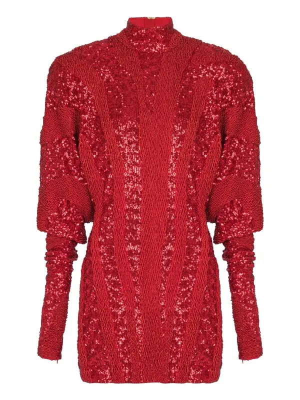 Balmain Short Zebra Sequin Dress - Red
