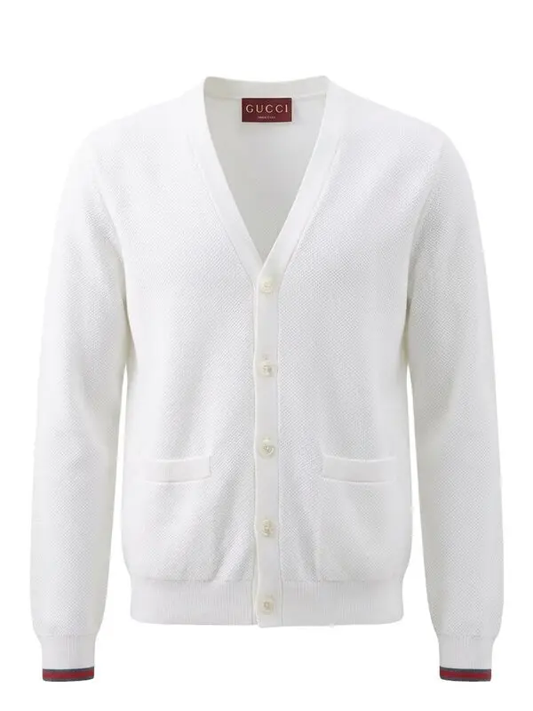 Gucci Cotton Piquet Knit Cardigan With Web Trim - White