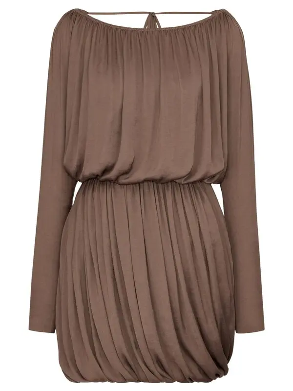 Saint Laurent Long-sleeve Midi Dress With Drawstring Front - Taupe