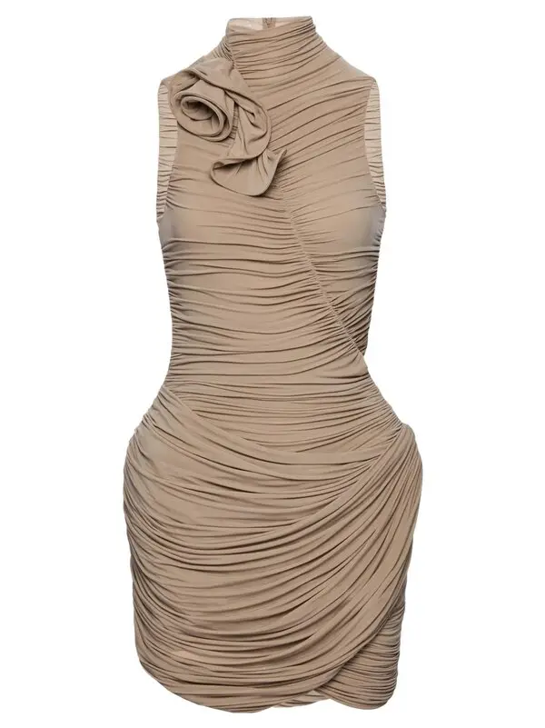 Magda Butrym Ruched Floral Appliqué High Neck Dress - Beige