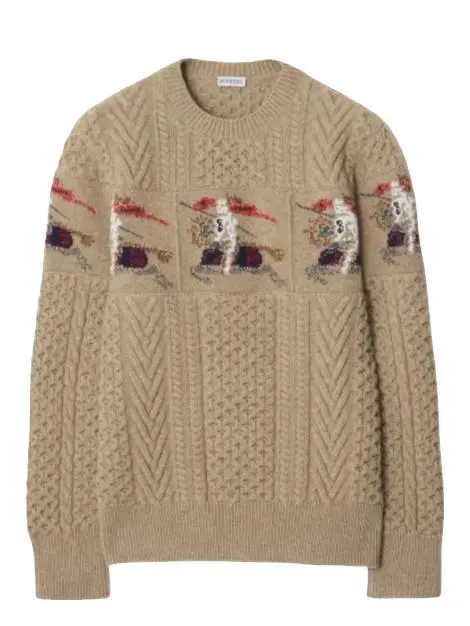Burberry Aran Knit Jumper With Equestrian Knight Design - Light Brown Melange