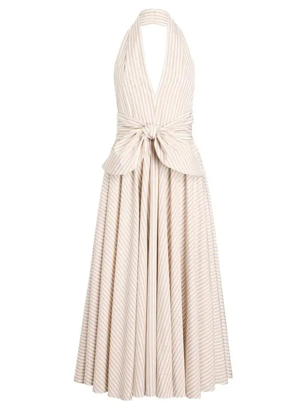 PATOU Halterneck Knotted Stripe Midi Dress - White