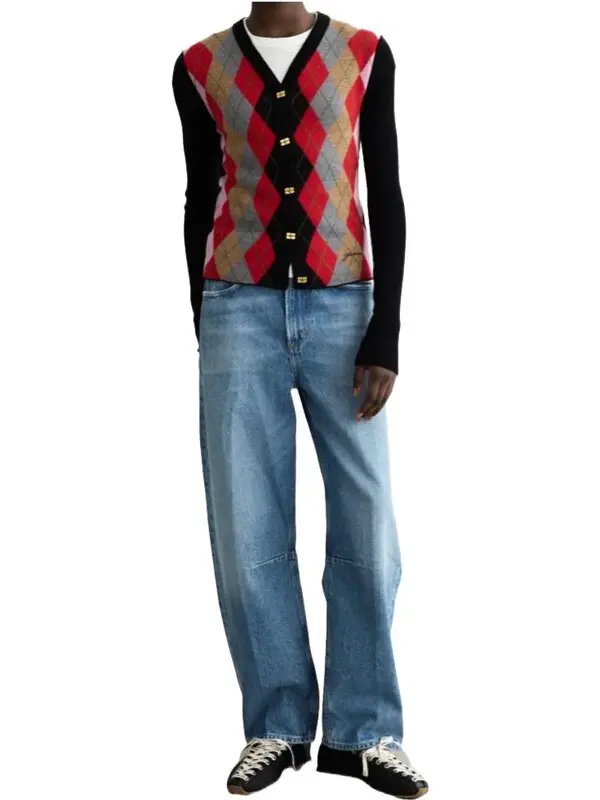 GANNI Long Sleeve V-neck Cardigan With Argyle Pattern - Black