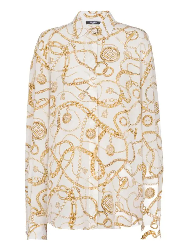 Balmain Printed Silk Shirt With Chain Pattern - Golden