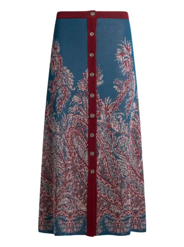 Etro Pattern-jacquard Button Detailed Midi Skirt - Light Blue