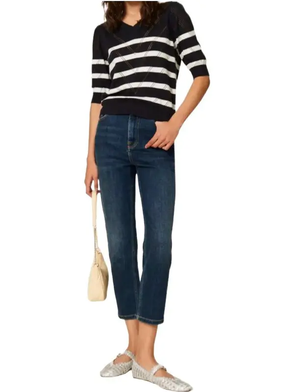 TWINSET Striped V-neck Knitted Top With Cutouts - Black