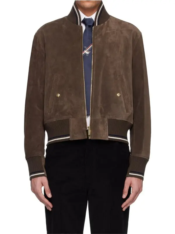 Thom Browne Suede Leather Bomber Jacket - Dark Brown
