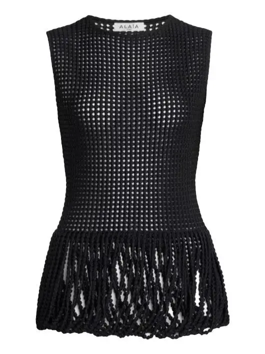 Alaïa Bead Knit Peplum Tank Top With 3d Fringe - Black