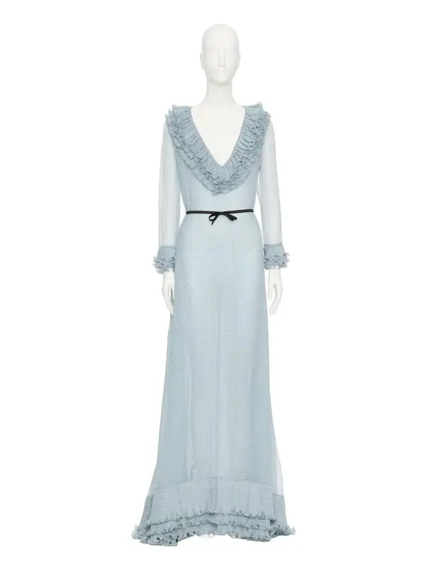 Valentino Garavani V-neck Long Sleeve Polka Dot Gown - White