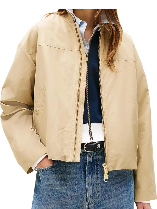 Tommy Hilfiger Zip-up Bomber Jacket With Ribbed Collar And Embroidered Logo - Nude