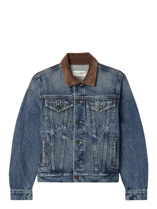 NILI LOTAN Slim Fit Distressed Denim Jacket With Corduroy Trim - Blue