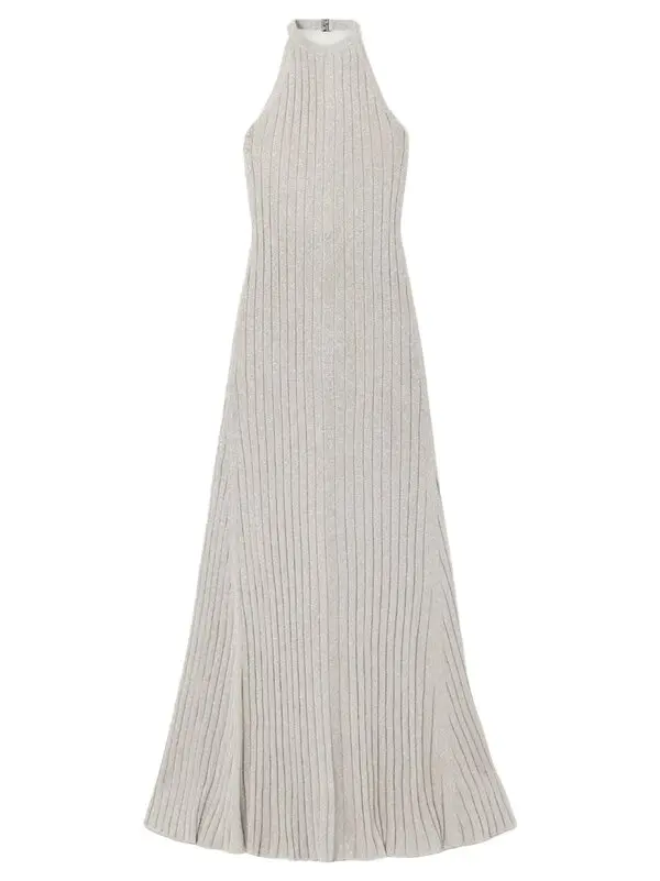 TOM FORD Metallic Halterneck Ribbed Knit Maxi Dress - Silver