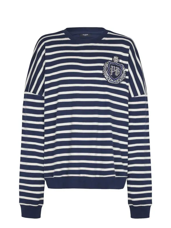 Balmain Cotton College Emblem Sweatshirt With Breton Stripes - Blue