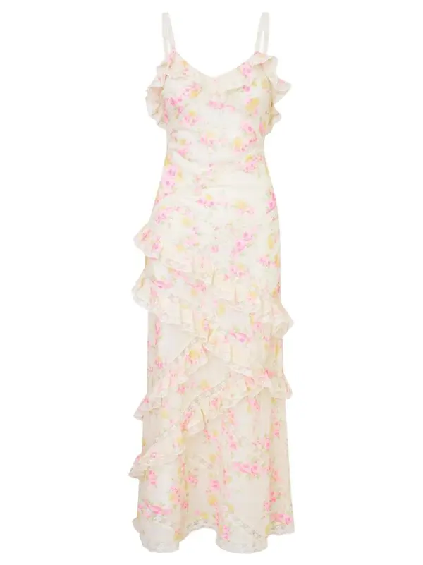 LoveShackFancy Nocelle Ruffled Floral Maxi Dress - White Peach