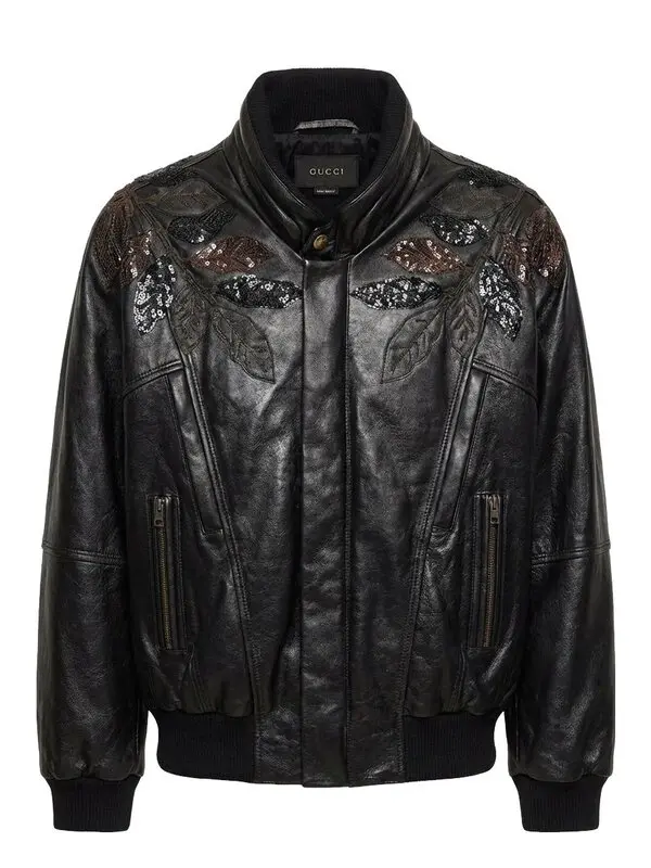 Gucci Leather Bomber Jacket With Aged Effect And Floral Python Patch - Dark Brown