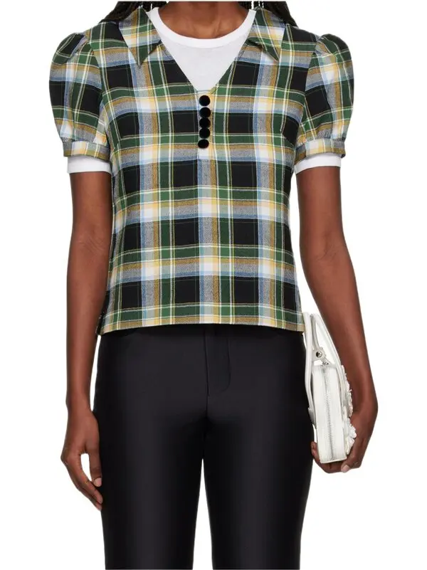 SHUSHU/TONG V-neck Plaid Puff Sleeve Blouse - Green Plaid
