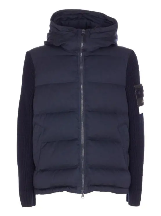 Stone Island Down Jacket With Hood And Zip Closure - Blue