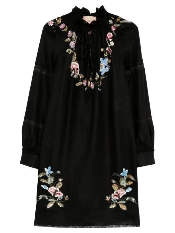 Valentino Garavani Floral Embroidered Long Sleeve Dress - Black