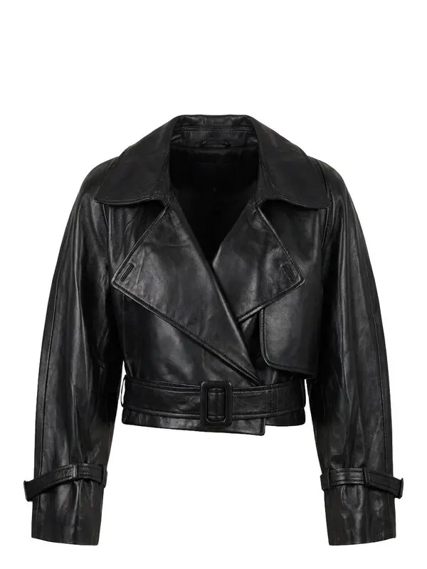 Nour Hammour Cropped Belted Leather Jacket - Black
