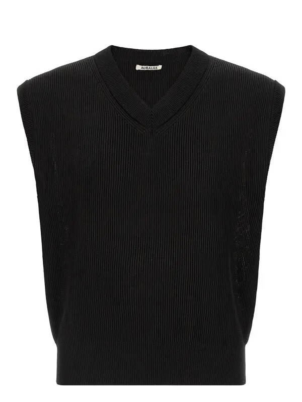 Auralee Ribbed Knit V-neck Vest - Black