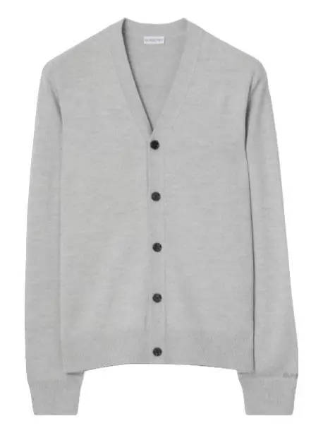 Burberry V-neck Wool Cardigan With Embroidered Logo - Light Grey Melange