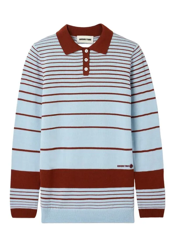 SHUSHU/TONG Striped Knitted Polo Sweater - Blue