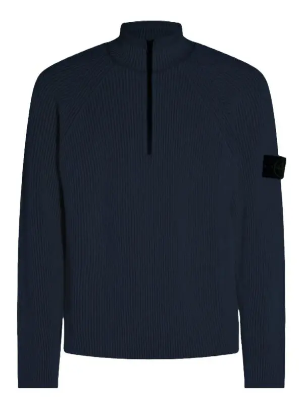 Stone Island Logo Patch Quarter Zip High Neck Sweater - Blue