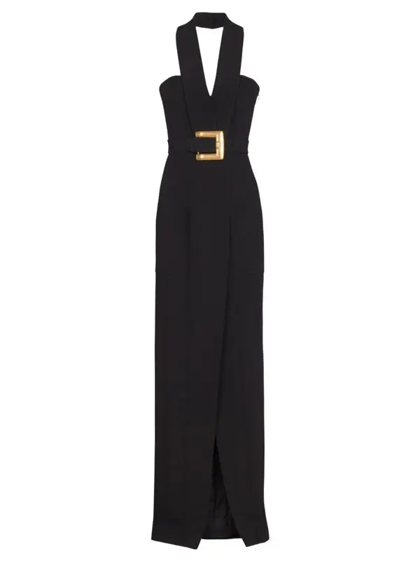 Balmain Belted Long Crepe Dress - Black