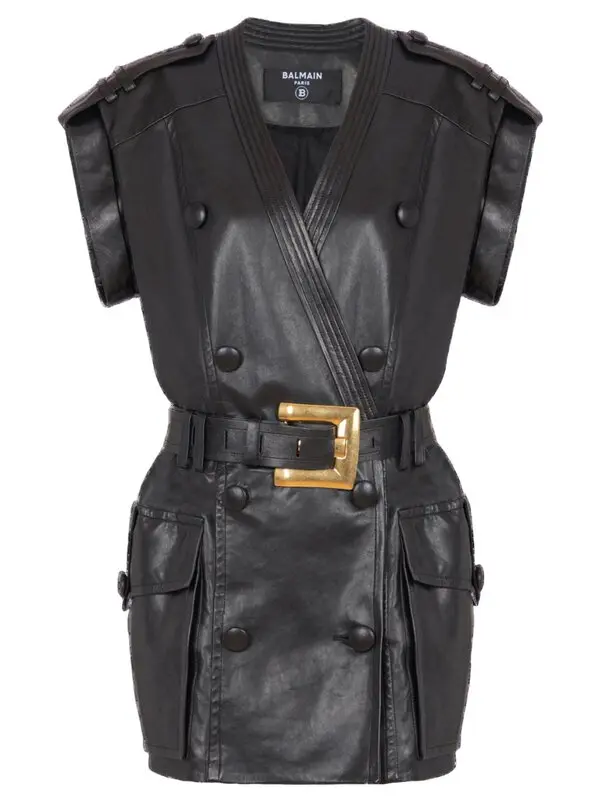 Balmain Leather V-neck Belted Dress - Black
