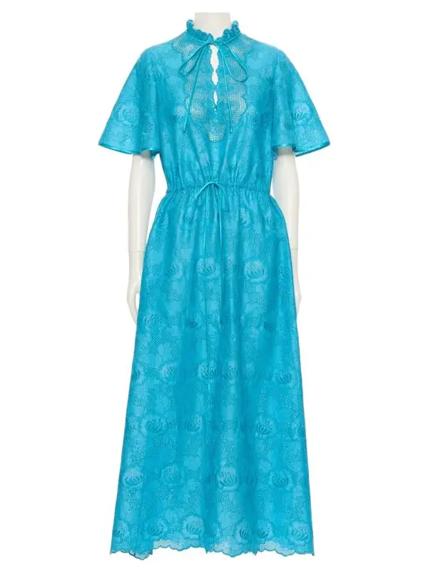 Valentino Garavani Short-sleeved Lace Maxi Dress With Tie Neck - Blue