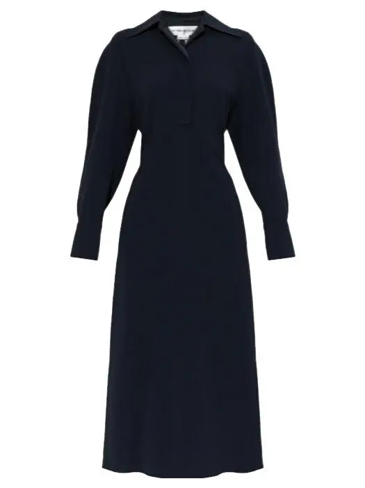 Victoria Beckham Collared Long-sleeve Dress With A-line Skirt And Pleated Back - Navy Blue