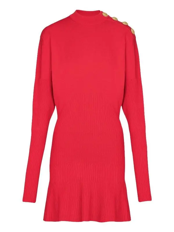 Balmain High Neck Long Sleeve Knit Dress - Red