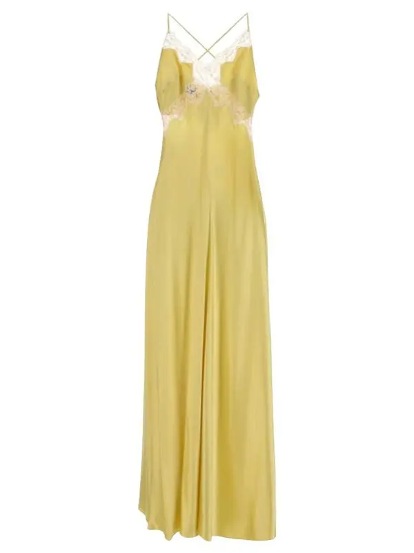 Alberta Ferretti Spaghetti Strap Lace-trim Maxi Slip Dress - Yellow