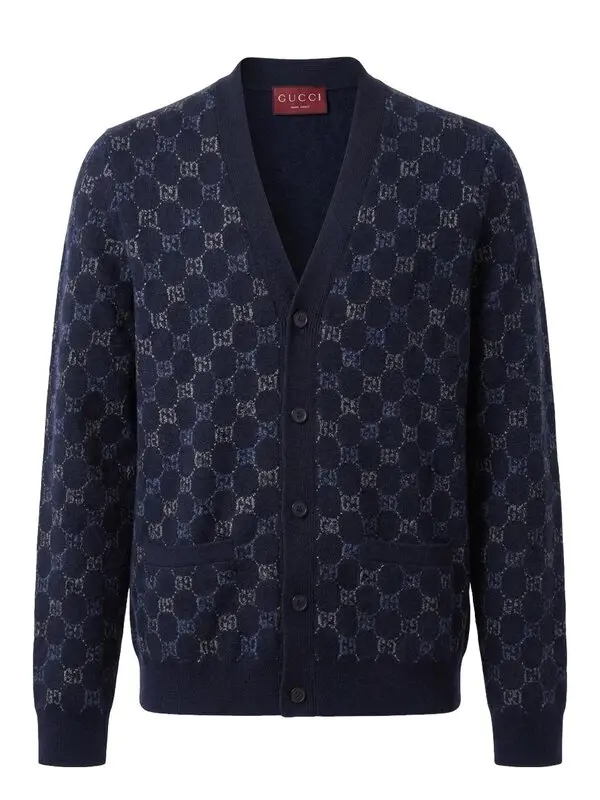 Gucci Gg Double Wool Knit V-neck Cardigan - Dark Blue