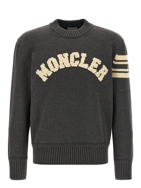 Moncler Logo Embroidered Striped Sleeve Sweater - Black