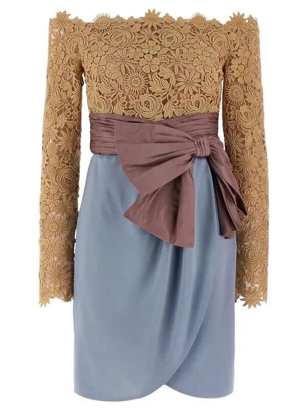 Valentino Garavani Off-shoulder Embroidered Dress With Silk Skirt - Blue